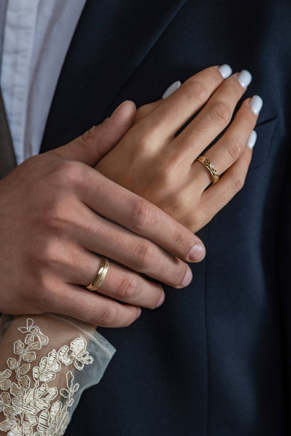 Gold wedding bands set with floral details - couple rings couple ...