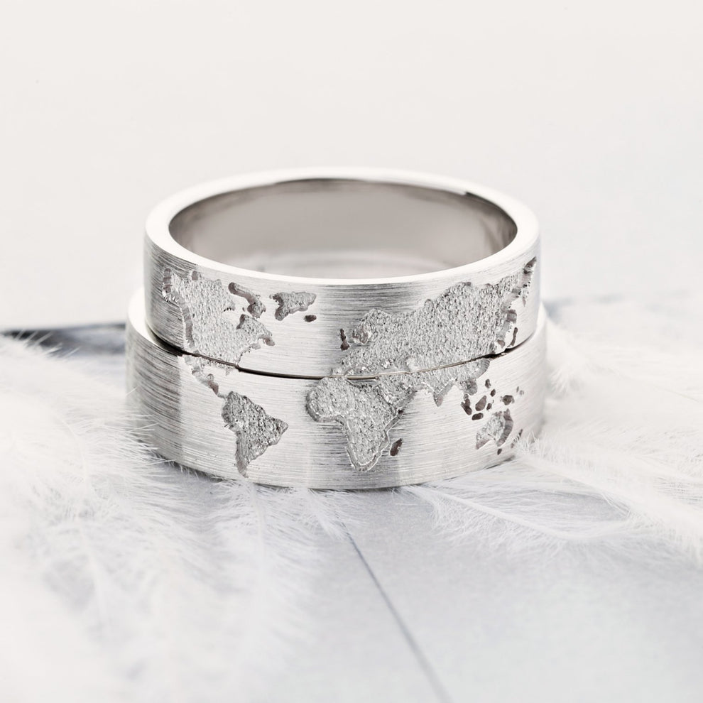 Gold wedding bands set with world map - couple rings gold bands gold ...
