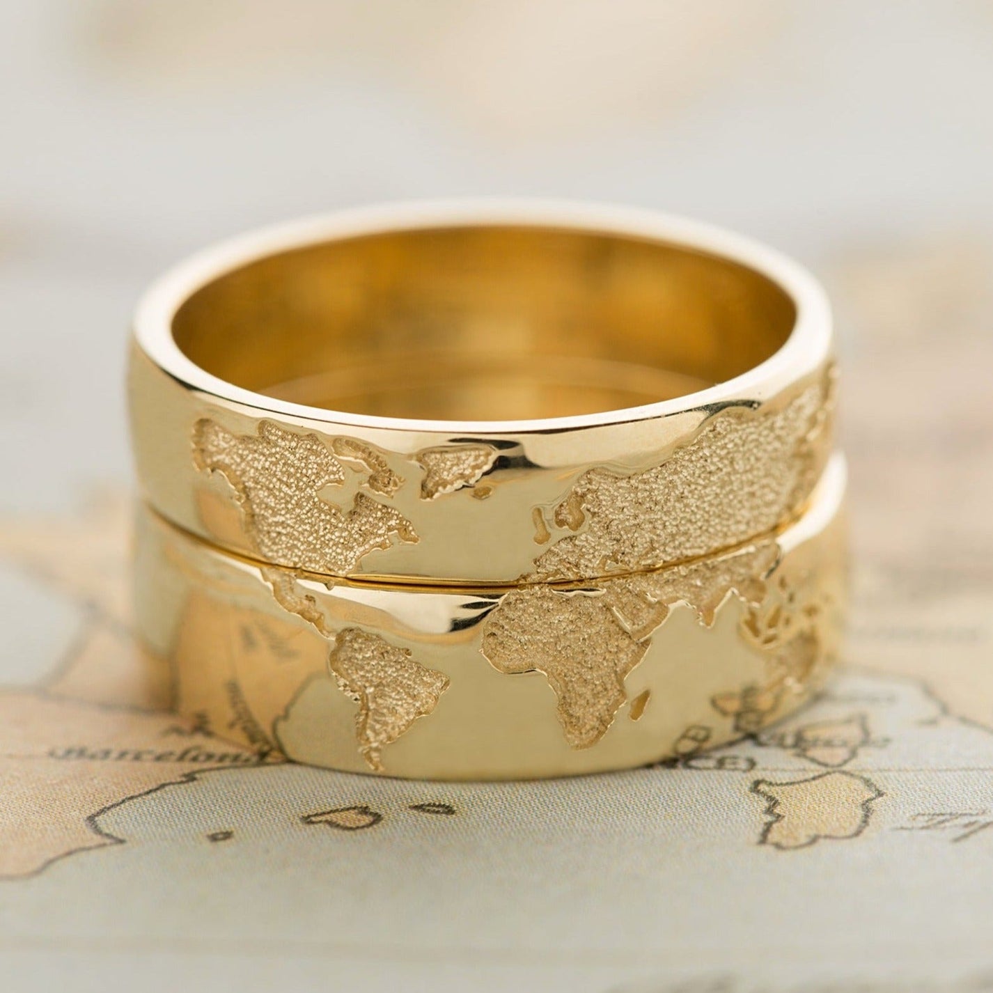 Gold wedding bands set with world map - couple rings gold bands gold ...