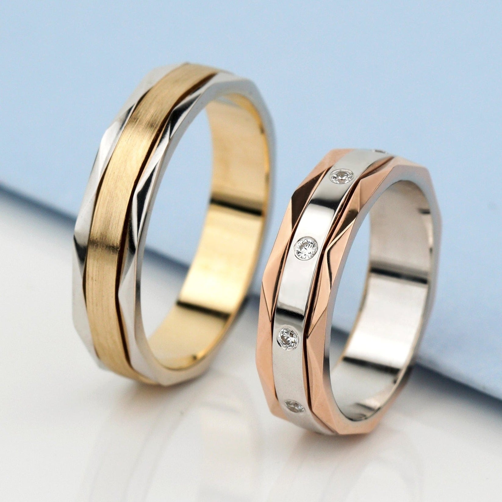 Matching wedding rings set with unique design - couple rings couple ...