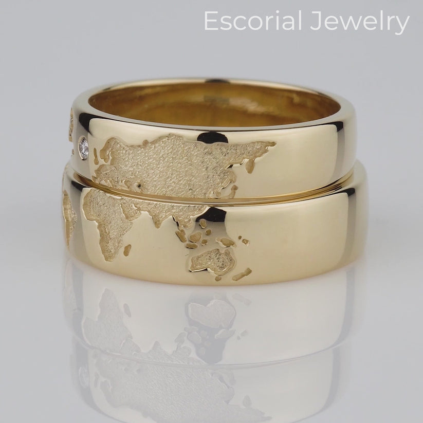 Gold wedding bands set with world map - couple rings gold bands gold ...