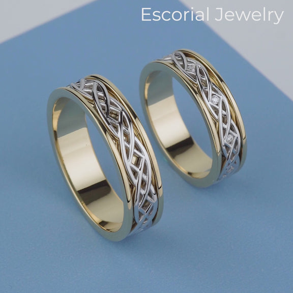 Two-tone wedding rings set with unique design. Gold wedding bands set ...