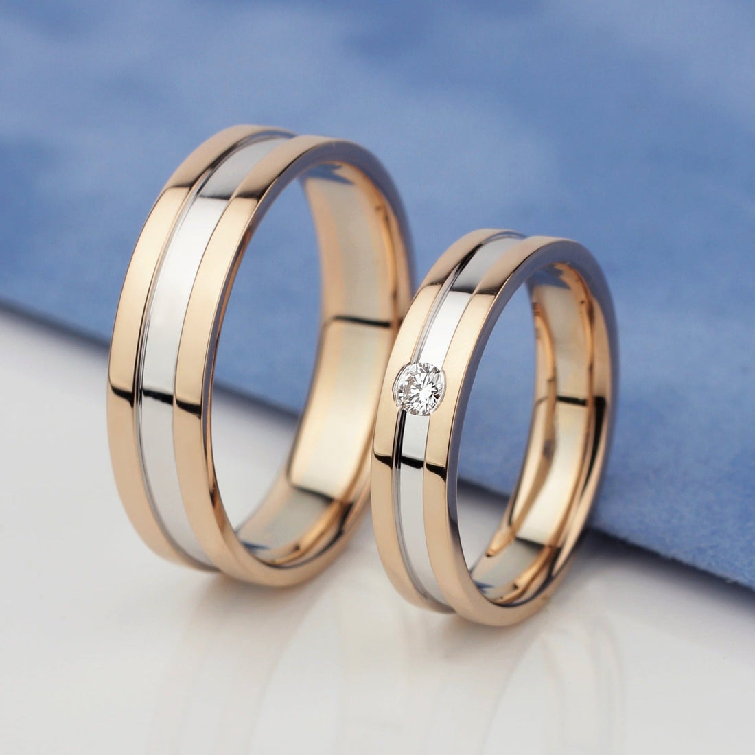 Two-tone wedding rings set with diamond in her ring - couple rings ...