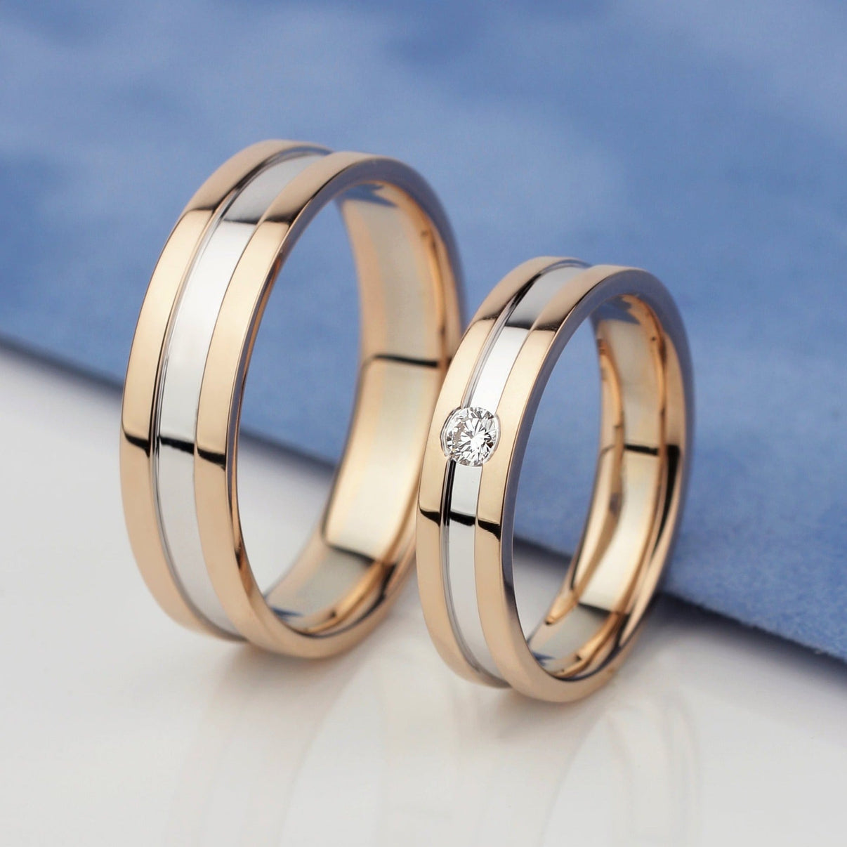 Two-tone wedding rings set with diamond in her ring - couple rings ...