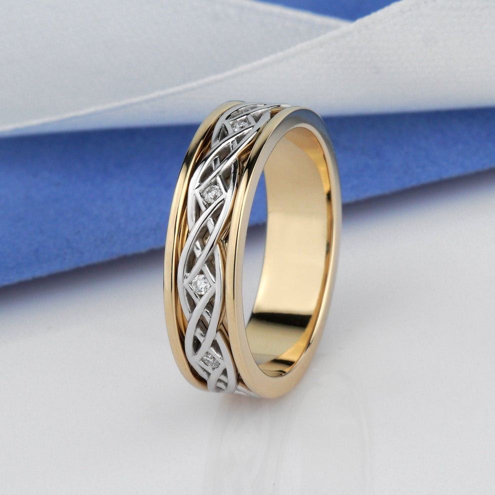 Two-tone wedding rings set with unique design. Gold wedding bands set ...