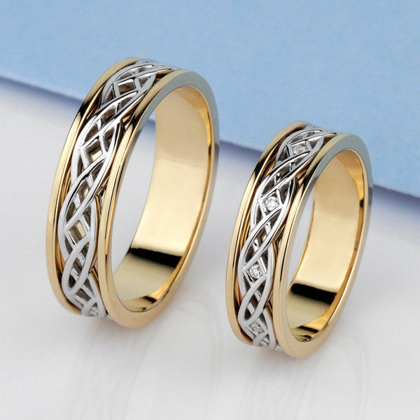 Two-tone wedding rings set with unique design. Gold wedding bands set ...
