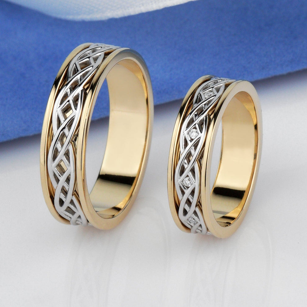 Two-tone wedding rings set with unique design. Gold wedding bands set ...
