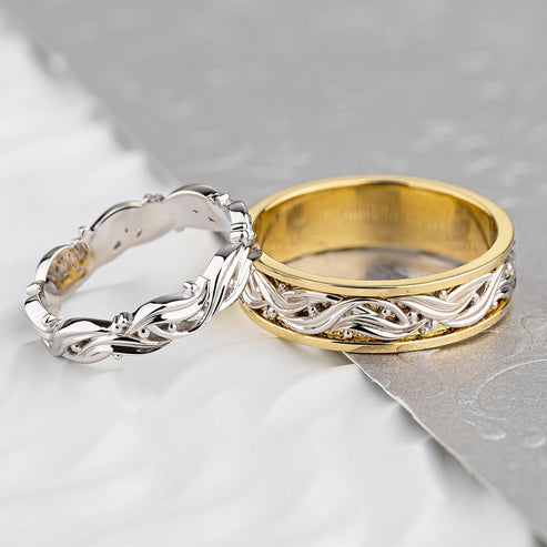 Wedding bands set with nature inspired design - boho wedding rings ...