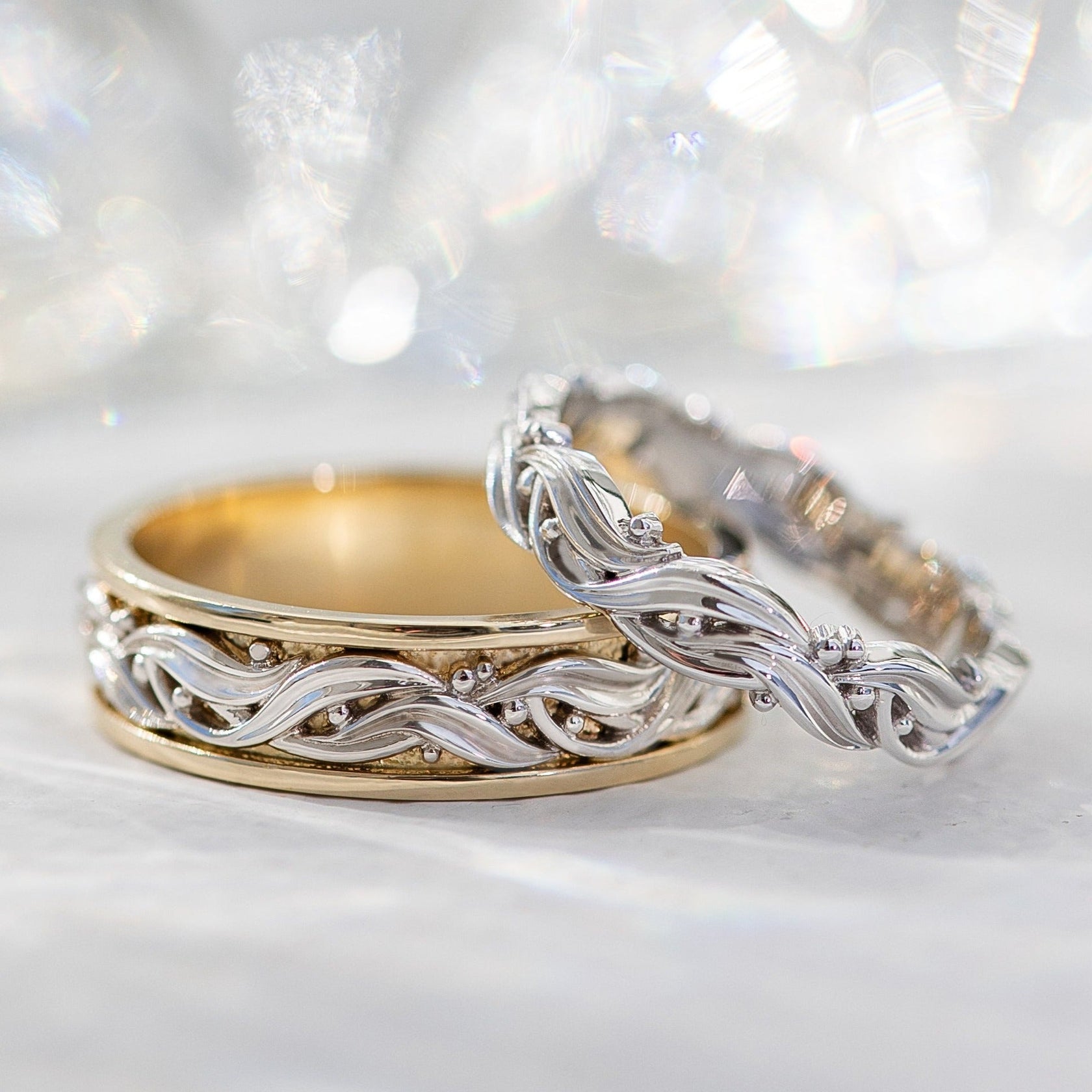 Wedding bands set with nature inspired design - boho wedding rings ...
