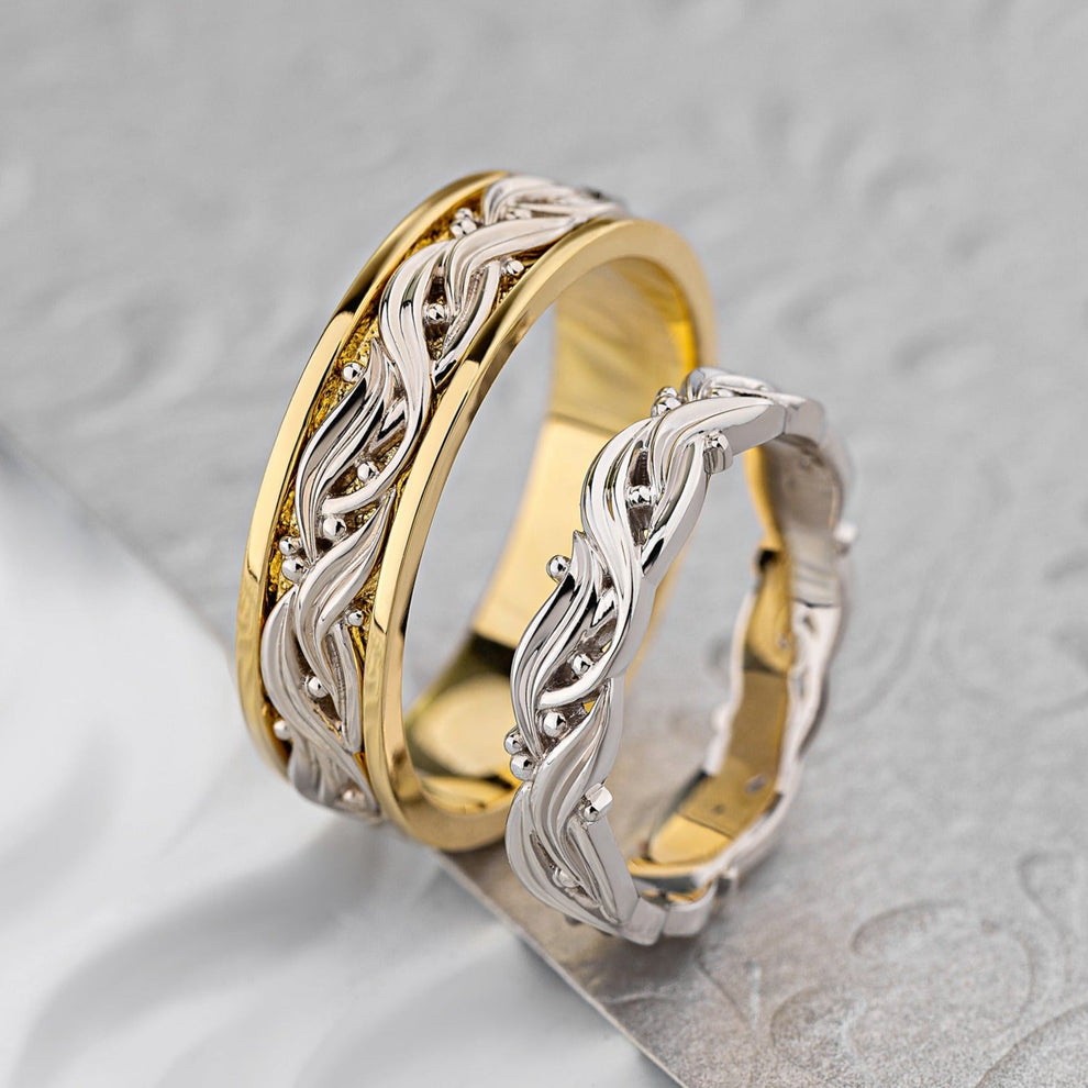 Wedding bands set with nature inspired design - boho wedding rings ...
