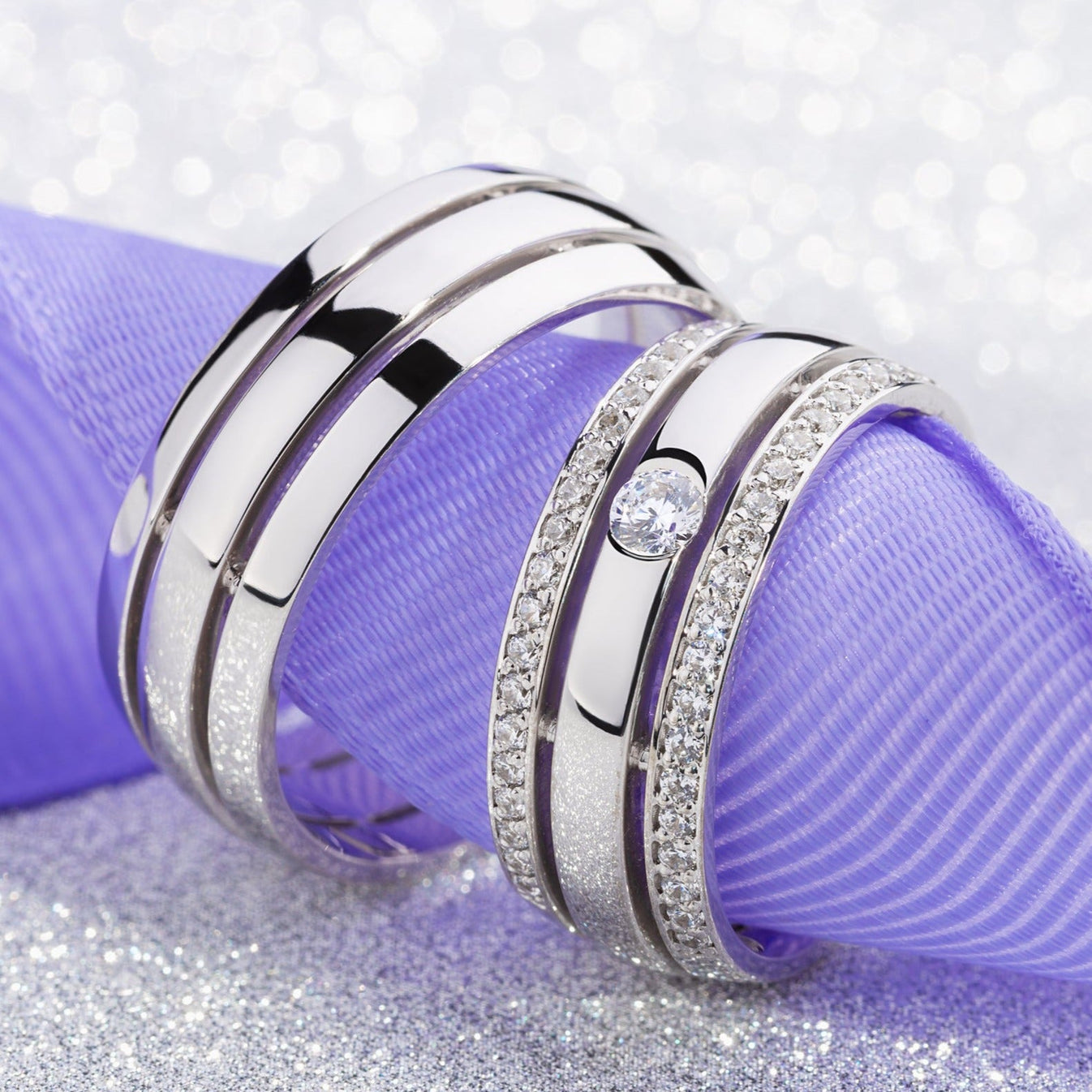 Wide wedding bands set with diamonds - couple rings couple wedding ...