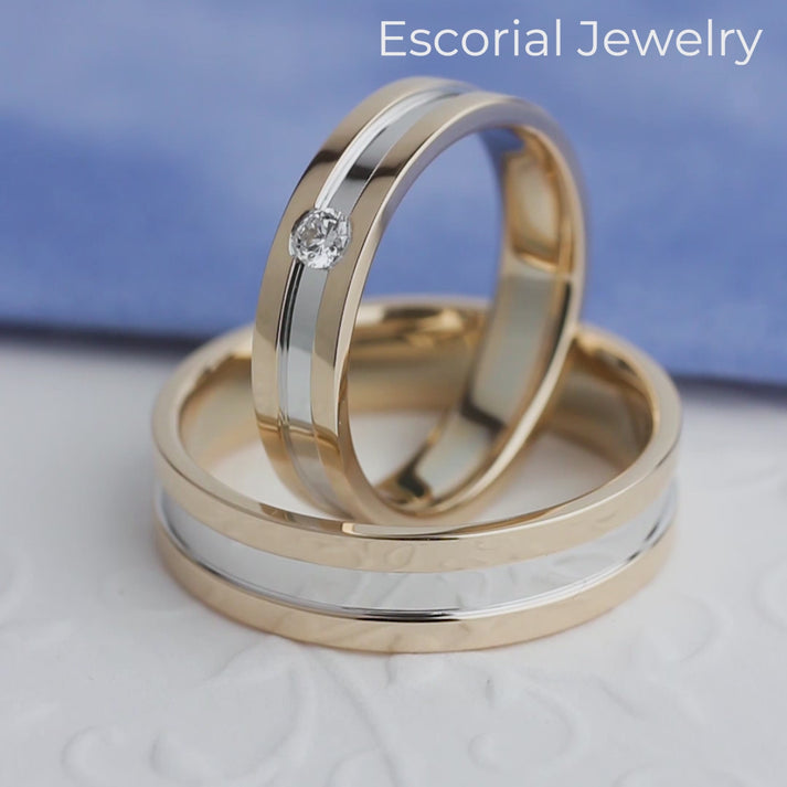 Two-tone wedding rings set with diamond in her ring - couple rings ...